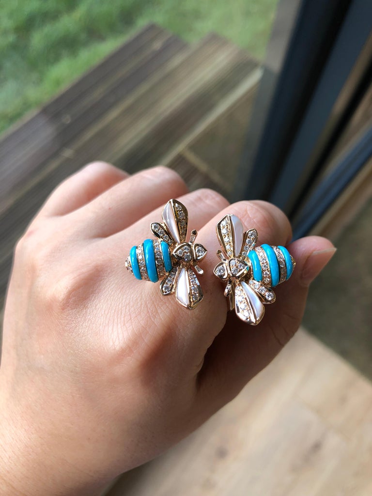Turquoise Diamond 18 Karat Rose Gold Bee Ring For Sale at 1stDibs