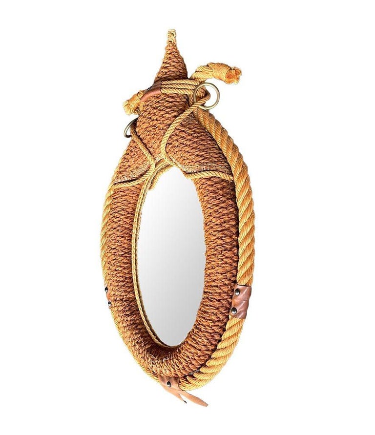 Unusual Nautical Oval Mirror by Audoux Minet in Rope and Leather at 1stDibs