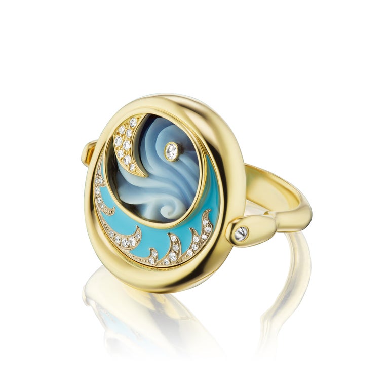 AnaKatarina 4 Elements "Water" Ring in Agate, Diamond, Yellow Gold, and ...