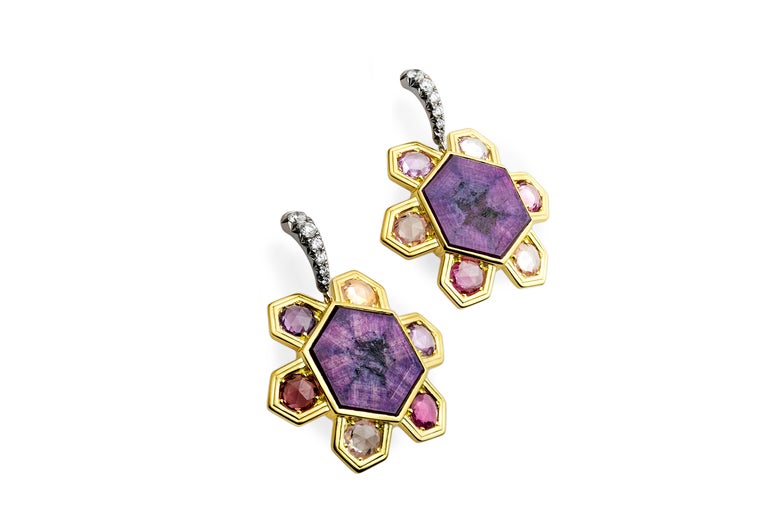 AnaKatarina Gold, Trapiche Ruby, Sapphire and Diamond Earrings at ...