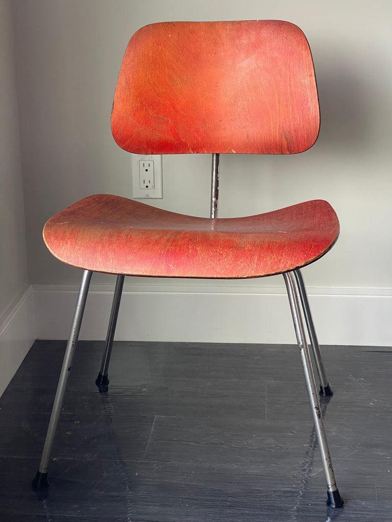 Analine Red Eames DCM Dining Chair Original Patina For Sale at 1stDibs