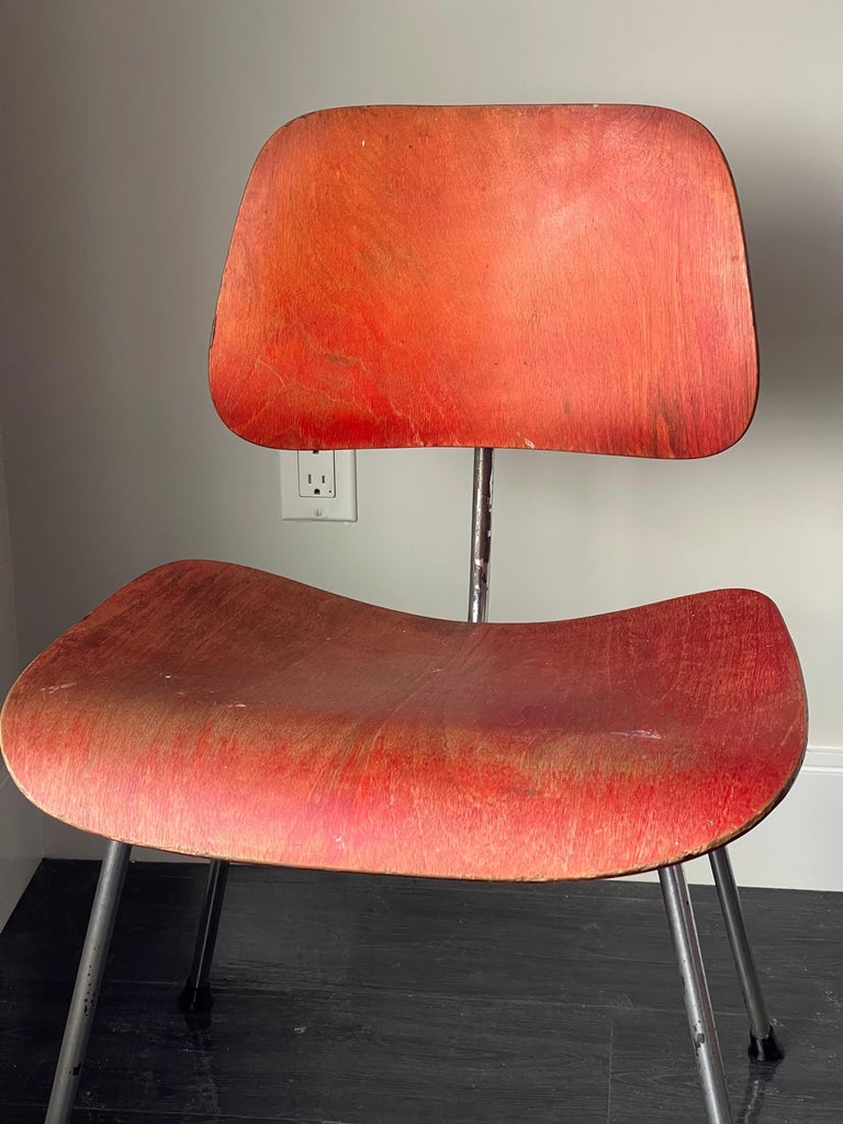 Analine Red Eames DCM Dining Chair Original Patina For Sale at 1stDibs