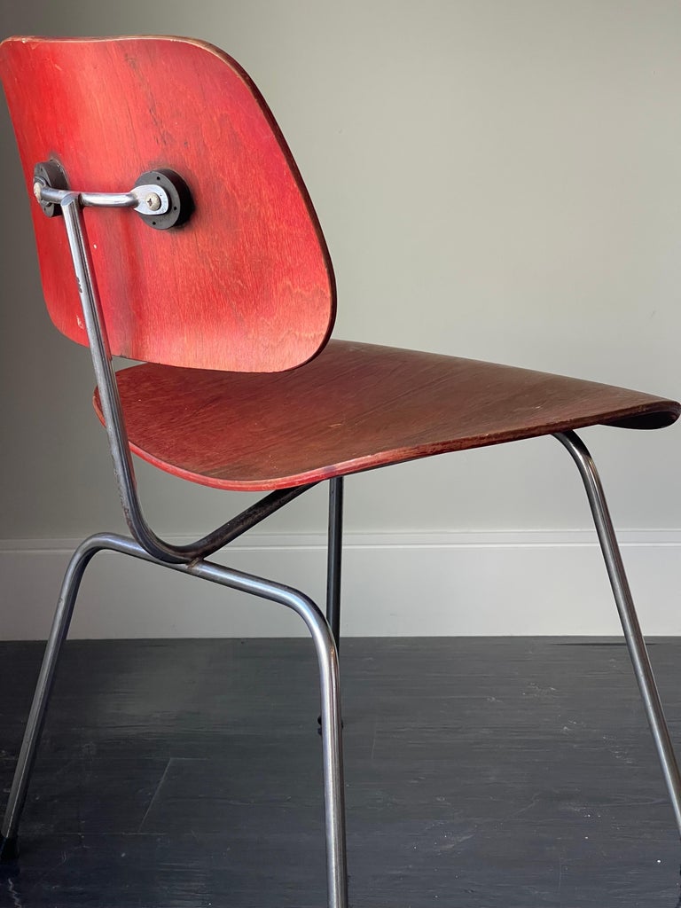 Analine Red Eames DCM Dining Chair Original Patina For Sale at 1stDibs