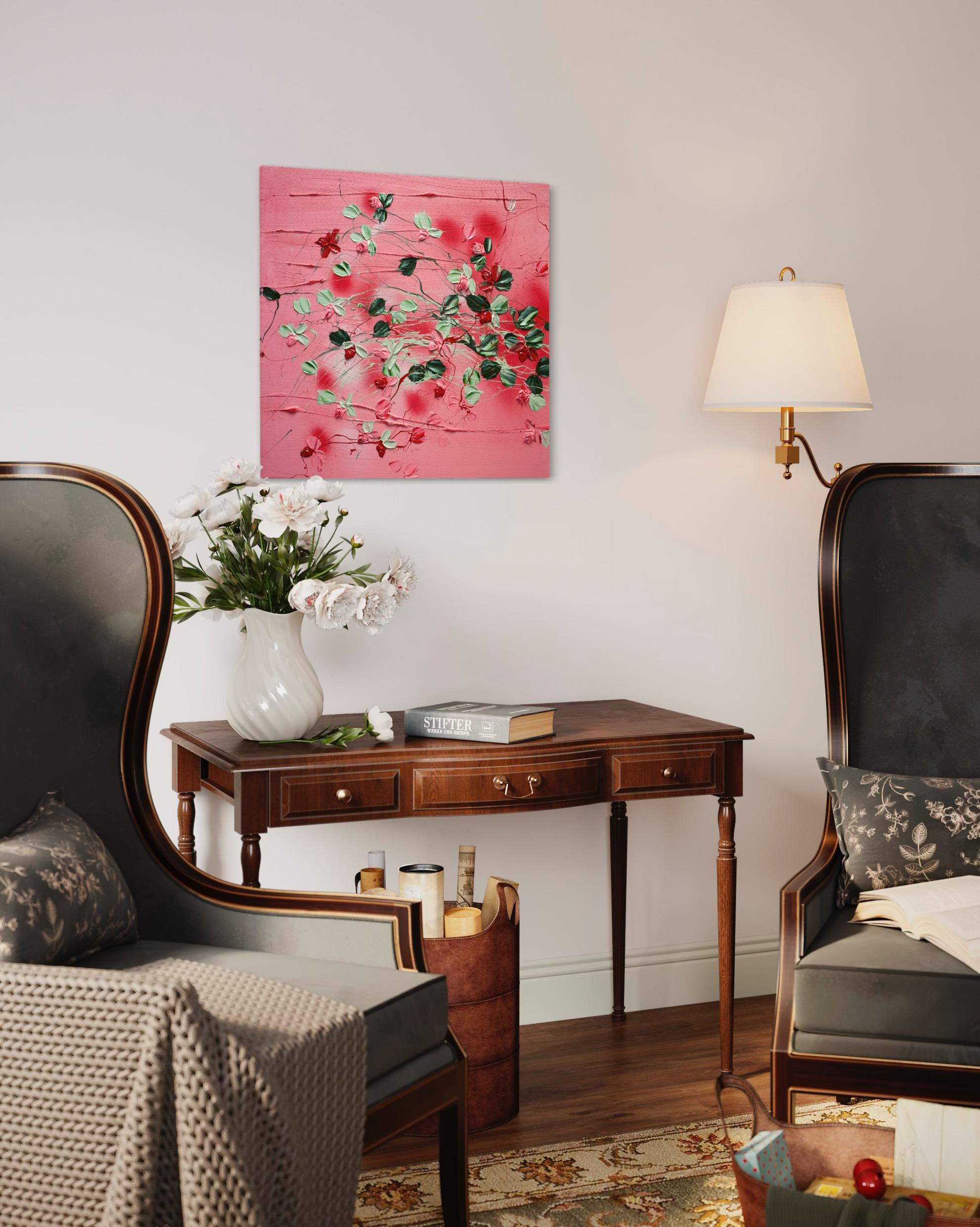 Anastassia Skopp - Textured pink rose painting with red roses "Pink ...