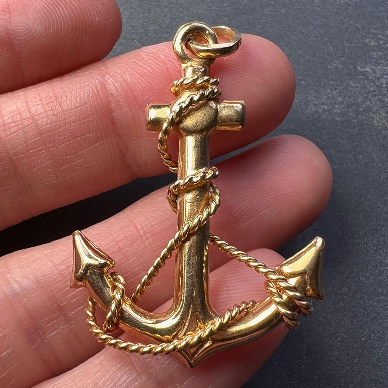 Anchor with Rope 14K Yellow Gold Pendant For Sale at 1stDibs