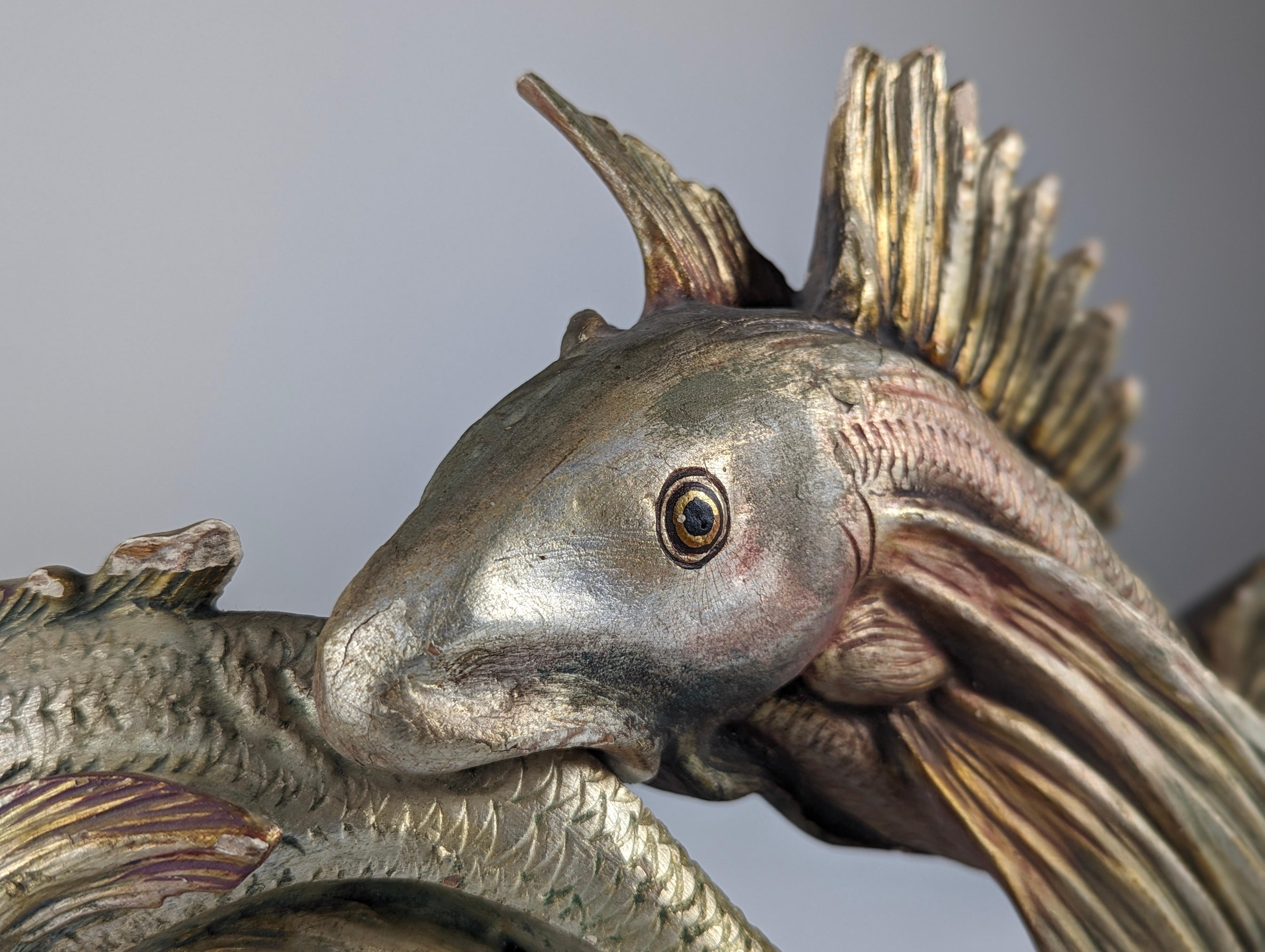 Ancient altarpiece of fish carved in polychrome wood For Sale at 1stDibs
