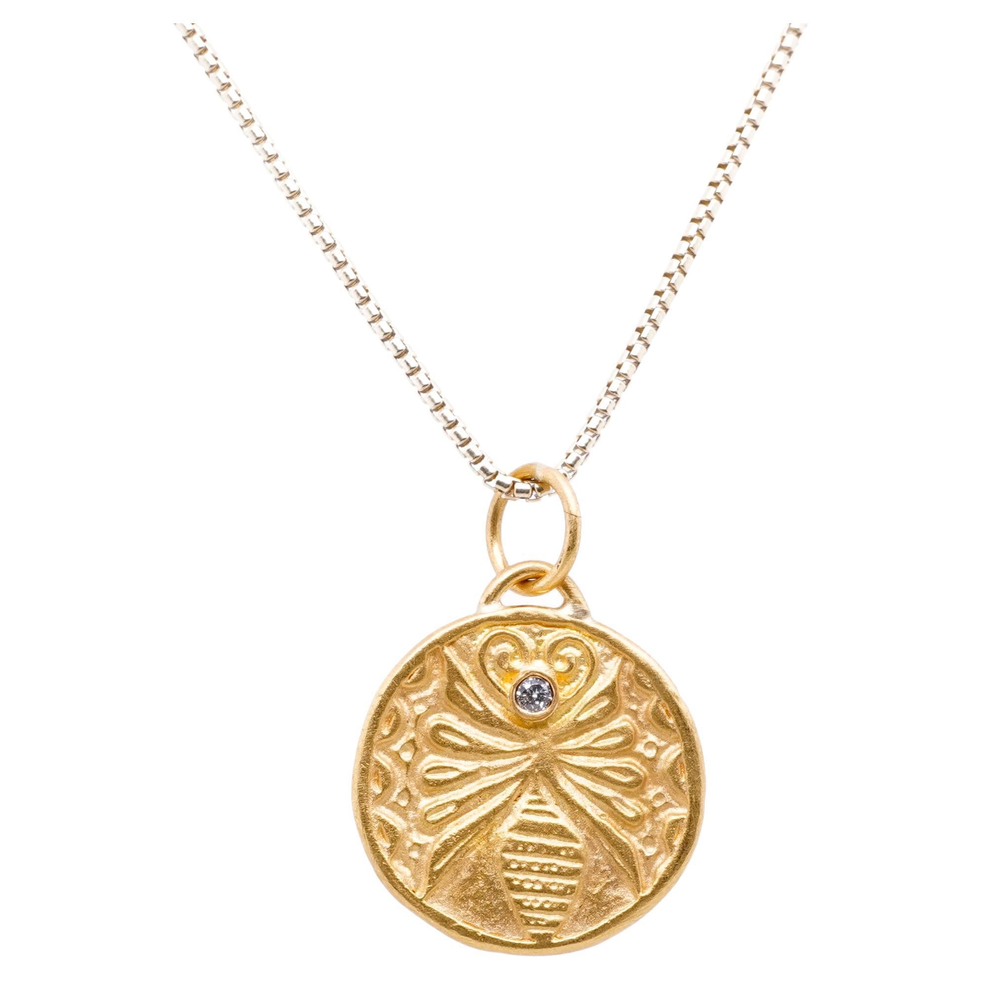 Bee Charm Pendant Necklace with Diamond, 24kt Gold and Silver For Sale ...