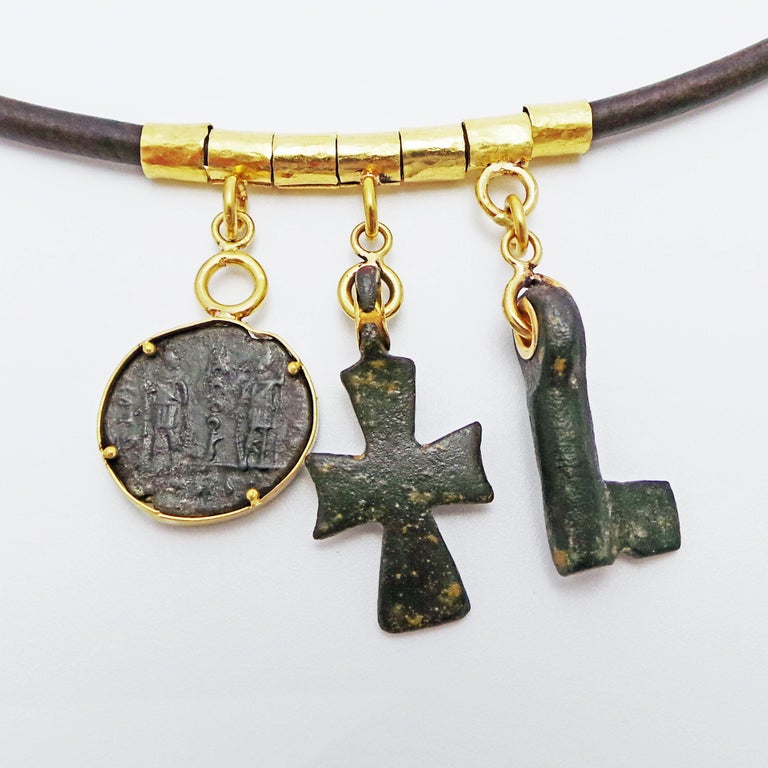 Ancient Bronze Byzantine Cross, Roman Coin and Key Leather Necklace at ...