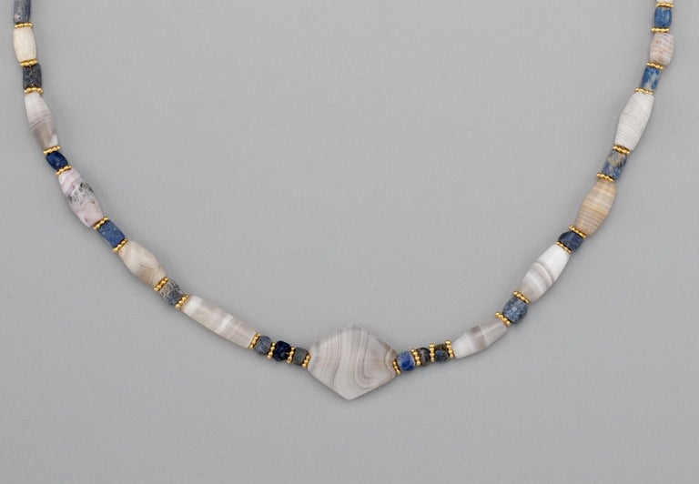 Ancient Chalcedony Barrel Beads, 20k Gold, and Lapis with Rhombus ...