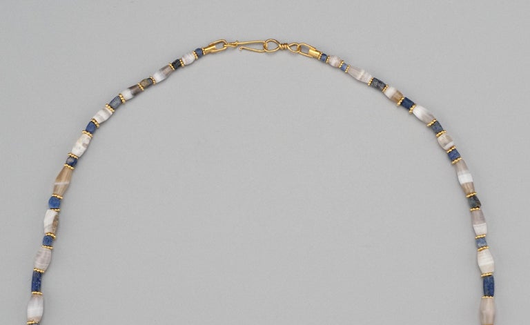 Ancient Chalcedony Barrel Beads, 20k Gold, and Lapis with Rhombus ...