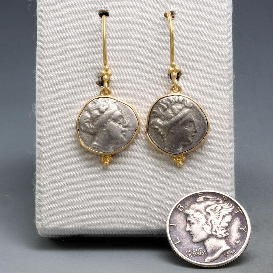 Ancient Greek 3rd Century BC Nymph Histiaia Coin 18K Gold Wire Earrings ...