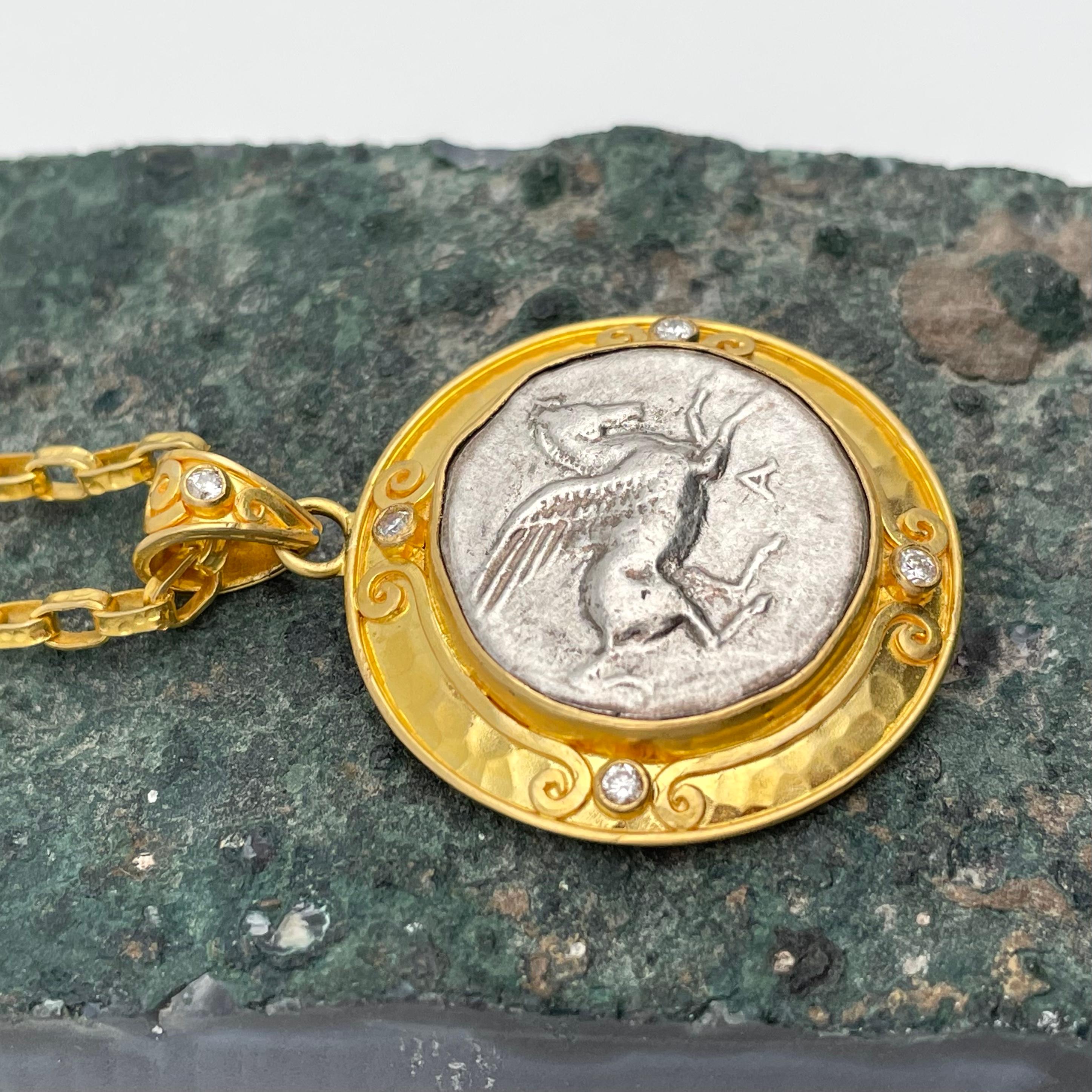 Ancient Greek 4th Century BC Corinth Pegasus Coin Diamonds 22K Gold ...