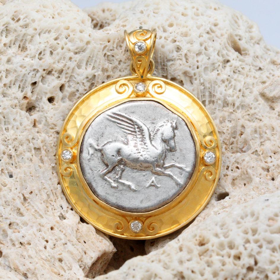 Ancient Greek 4th Century BC Corinth Pegasus Coin Diamonds 22K Gold ...