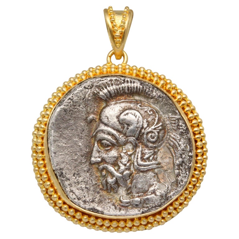 Ancient Greek 4th Century BC Warrior with Helmet Coin 18k Gold Pendant ...