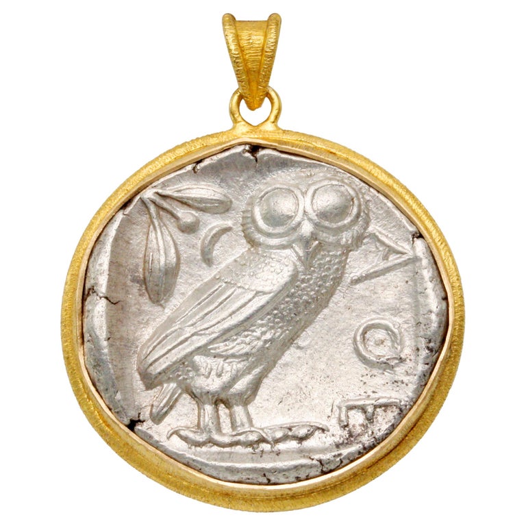 Ancient Greek 5th Century BC Athena Owl Coin 18K Gold Pendant at 1stDibs