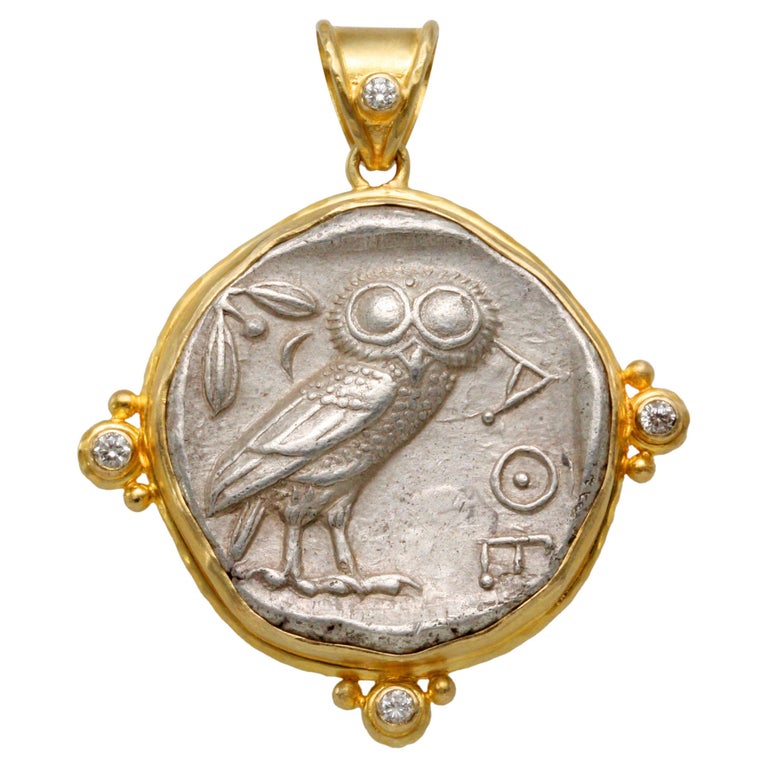 Ancient Greek 5th Century BC Athena Owl Coin Diamonds 18K Gold Pendant ...