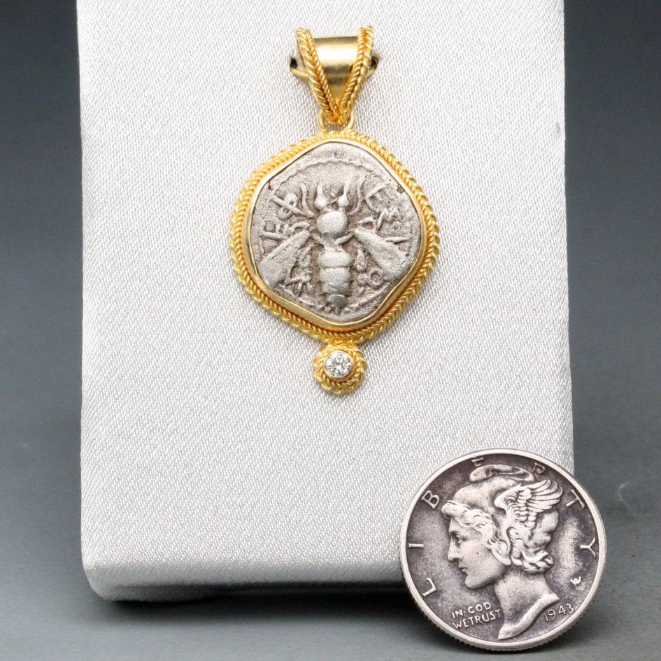 Ancient Greek 5th Century BC Ephesus Bee Coin Diamond 18K Gold Pendant ...