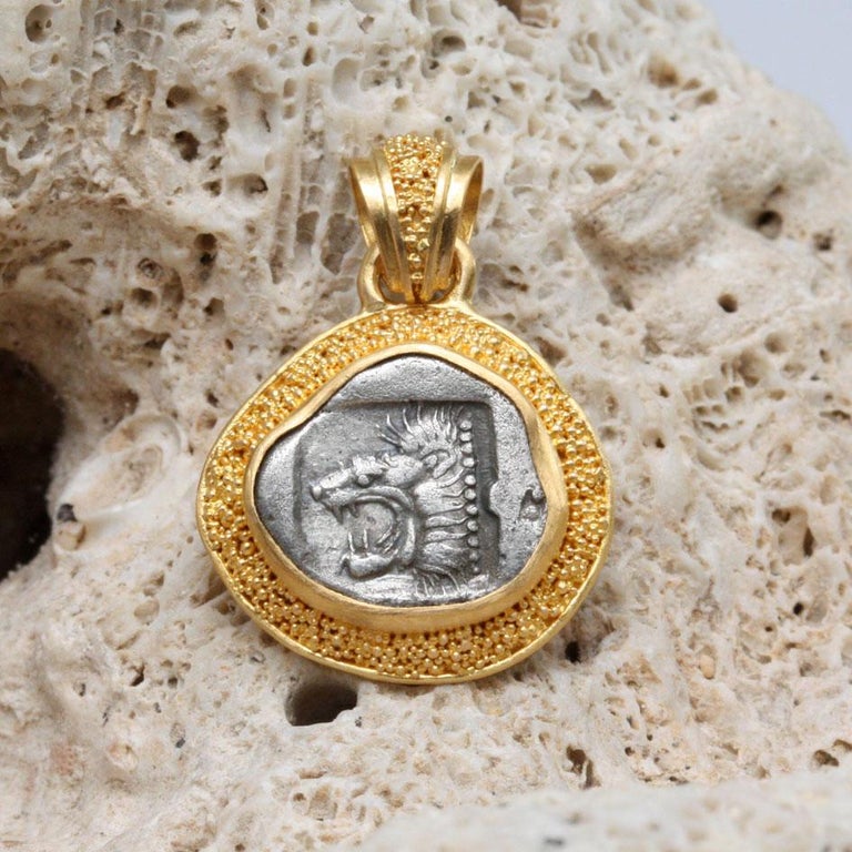 Ancient Greek 5th Century BC Lion Coin 22K Gold Pendant For Sale at 1stDibs