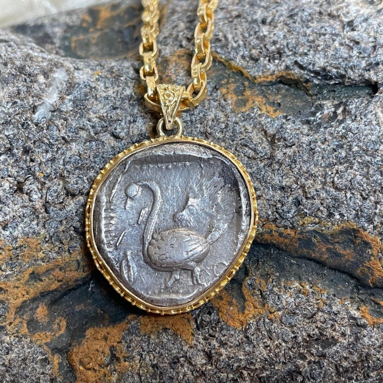 Ancient Greek 5th Century BC Swan Coin 18K Gold Pendant For Sale at 1stDibs