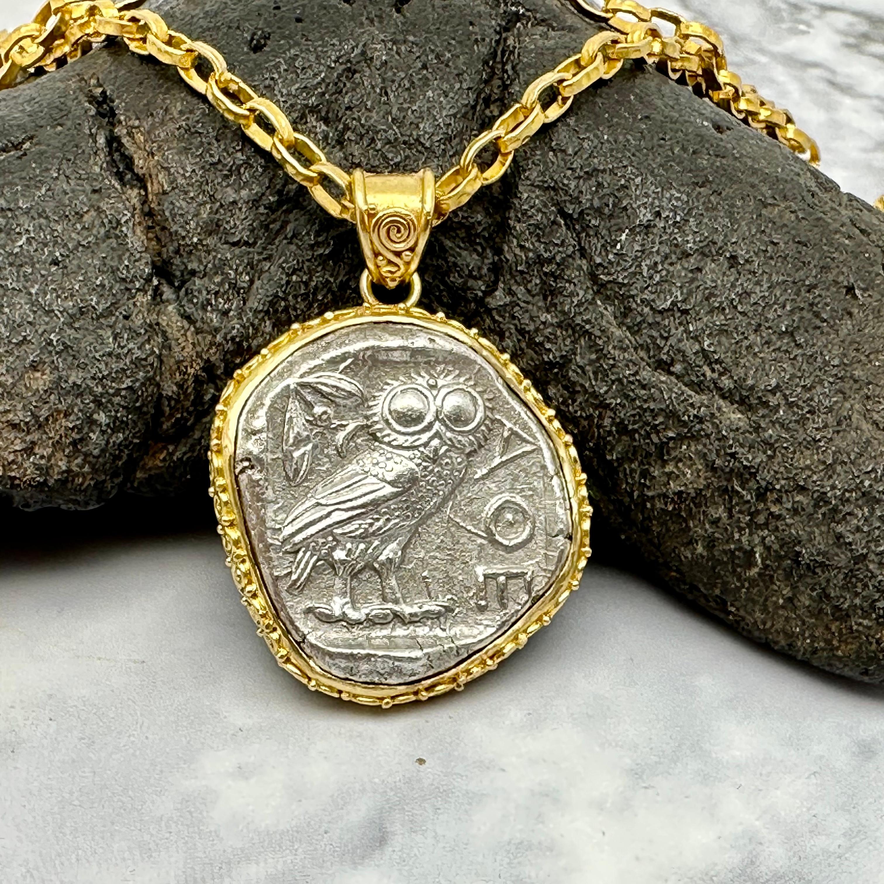 Ancient Greek 5th Century BCE Athena Owl Coin 18K Gold Pendant For Sale ...