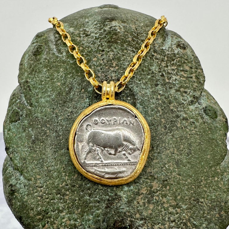 Ancient Greek 5th Century BCE Silver Bull Coin 18k Gold Pendant For ...