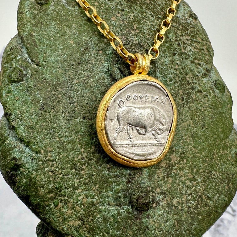 Ancient Greek 5th Century BCE Silver Bull Coin 18k Gold Pendant For ...