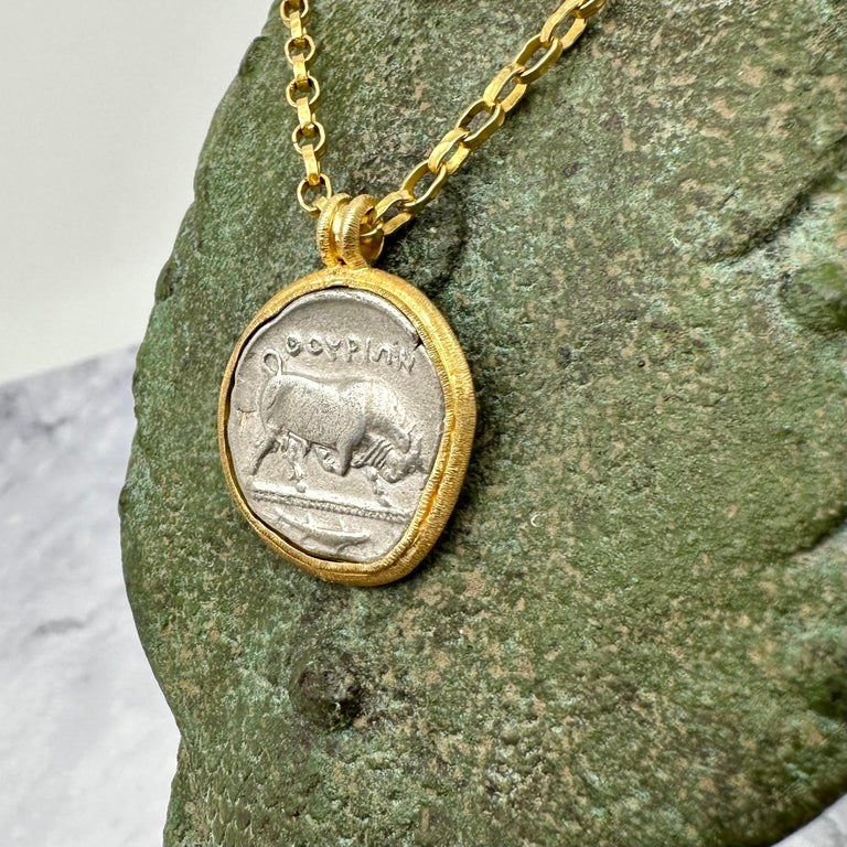 Ancient Greek 5th Century BCE Silver Bull Coin 18k Gold Pendant For ...