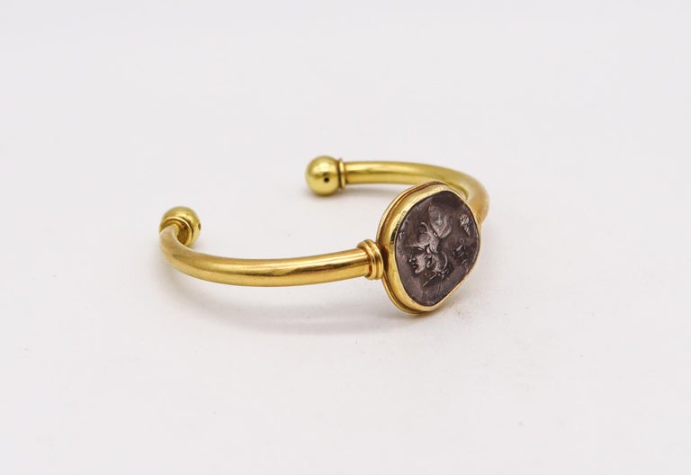Ancient Greek Pegasus Coin Cuff in 18kt Yellow Gold with 350 BC Corinth ...