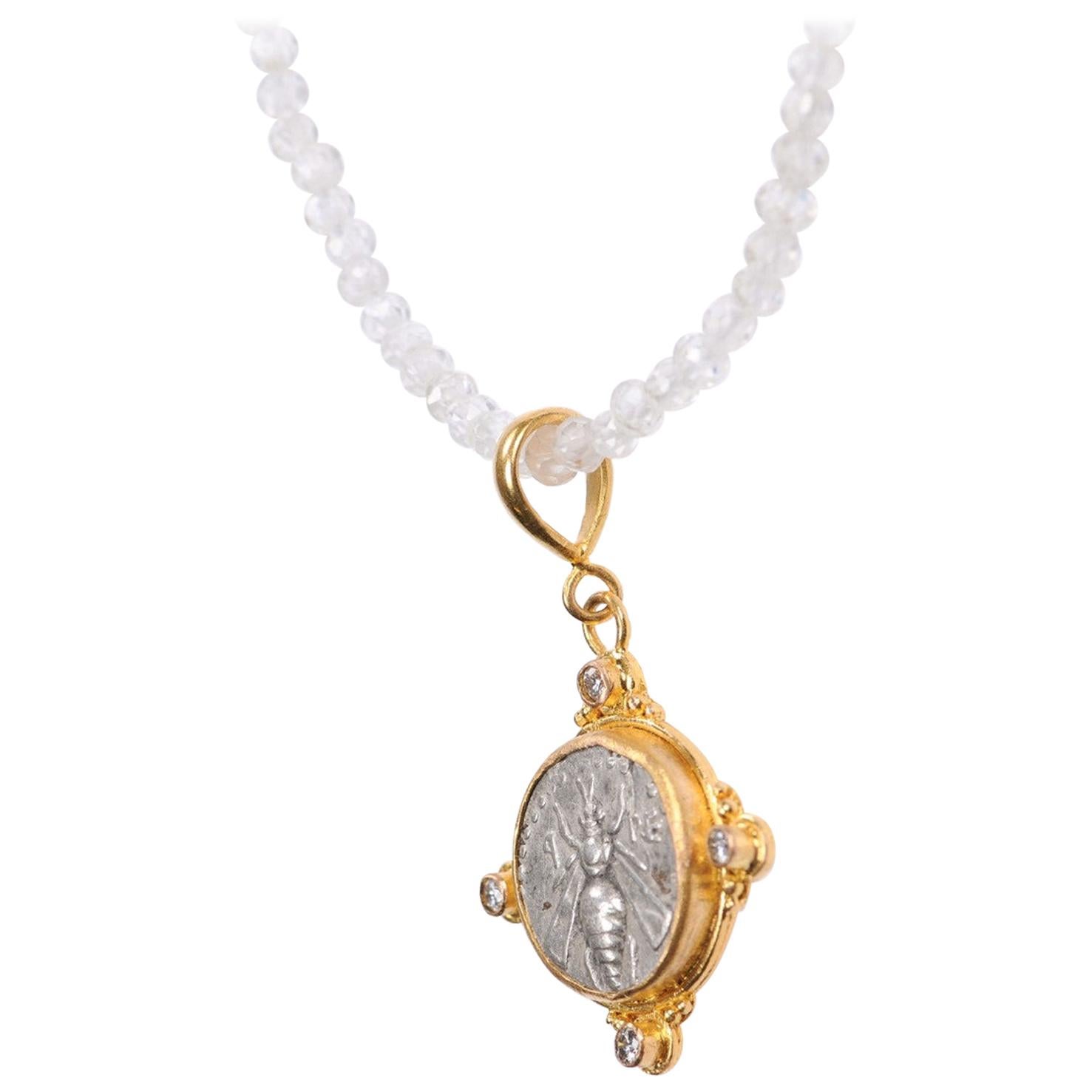 Ancient Greek Silver Drachm Bee/Stag Coin and 22 Kt Gold Pendant w ...