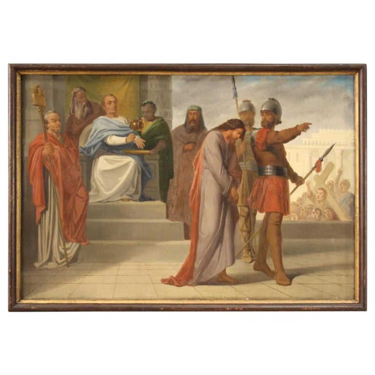 Ancient Italian religious painting The Judgment of Pontius Pilate, 19th ...