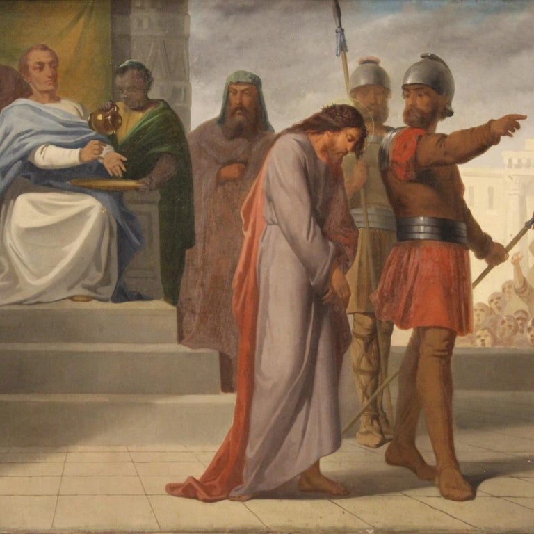 Ancient Italian religious painting The Judgment of Pontius Pilate, 19th ...