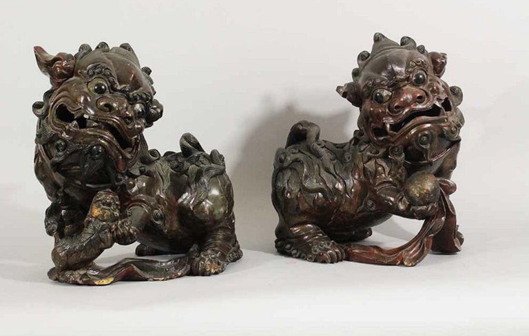 Ancient Pair of Wooden Pho Dogs, China Ming Dynasty at 1stDibs