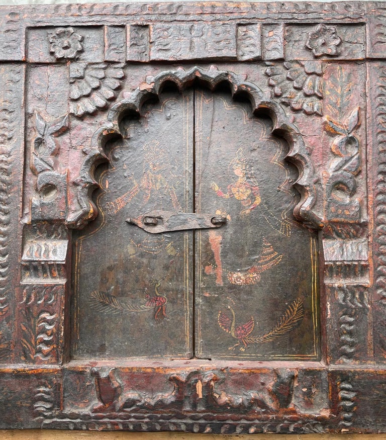 Ancient Rare India Wood Hand Carved Polychrome Wall Panel with Iron ...