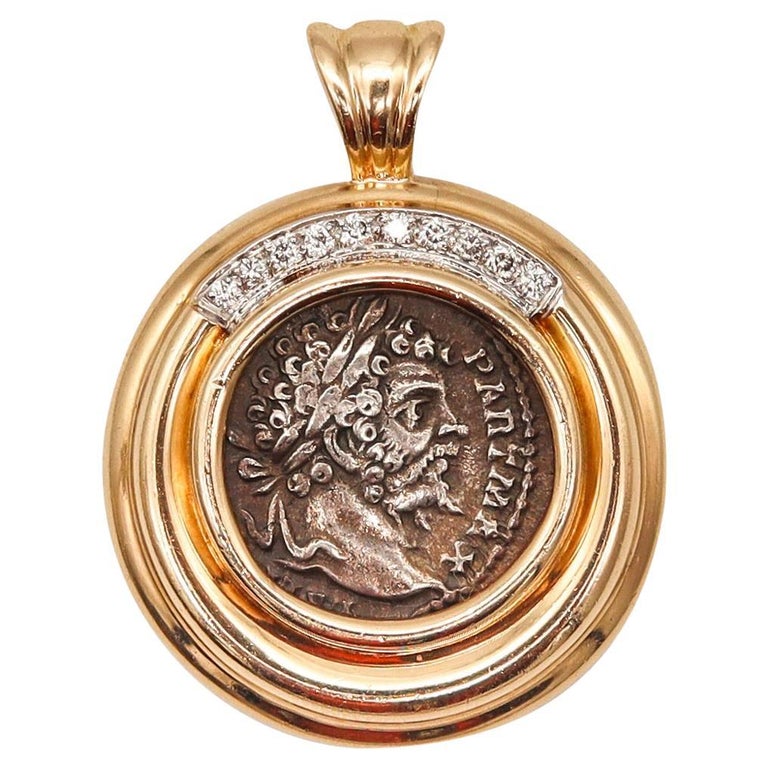 Ancient Roman 193-211 AD Denarius Coin Pendant in 18Kt Yellow Gold with ...