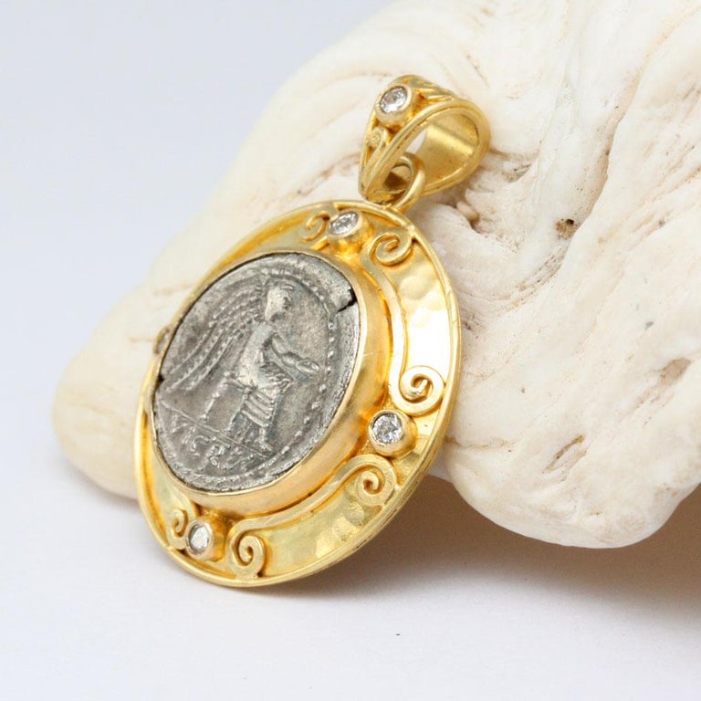 Ancient Roman 1st Century BC Victoria Coin Diamonds 18K Gold Pendant ...