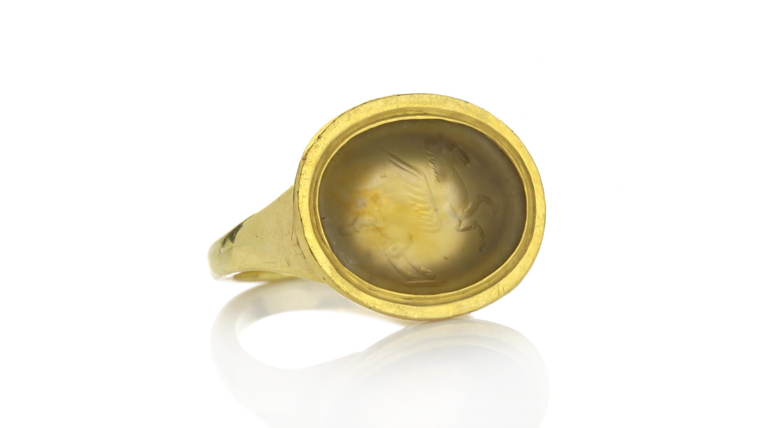 Ancient Roman Agate Intaglio of Pegasus in Vintage High Carat Setting ...