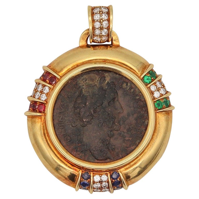 Ancient Roman Coin Pendant in 18Kt Gold with 3.97 Ctw in Diamonds and ...