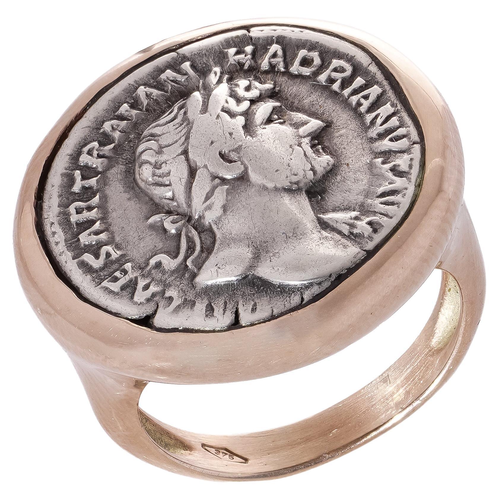 Ancient Roman silver denarius, of Emperor Hadrian in 9kt. gold ring For ...