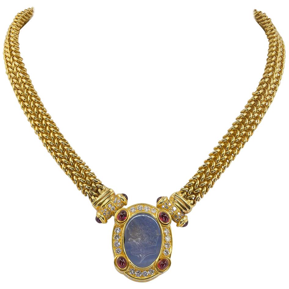 Intaglio Yellow Gold Ancient-Style Mesh Chain Sautoir Necklace For Sale ...