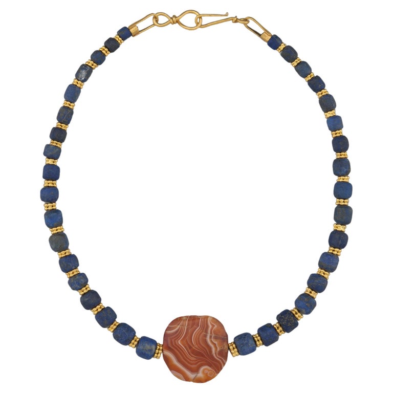Ancient Tabular Sardonyx Bead with Lapis Lazuli and 24k Granulated Gold ...