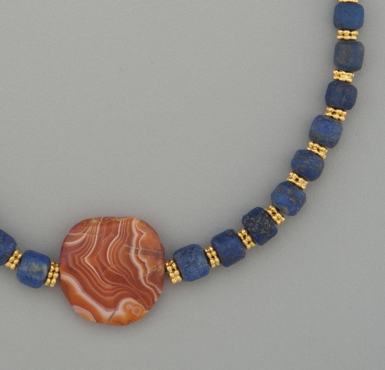 Ancient Tabular Sardonyx Bead with Lapis Lazuli and 24k Granulated Gold ...