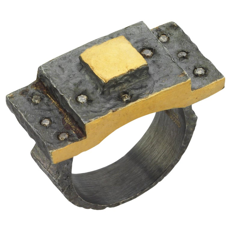 Ancient Themed Ring Sterling Silver 24K Gold and Diamonds For Sale at ...