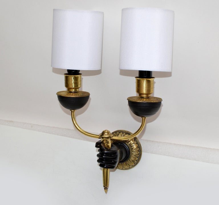 André Arbus Bronze and Black Hand Two-Arm Sconce Wall Light ...