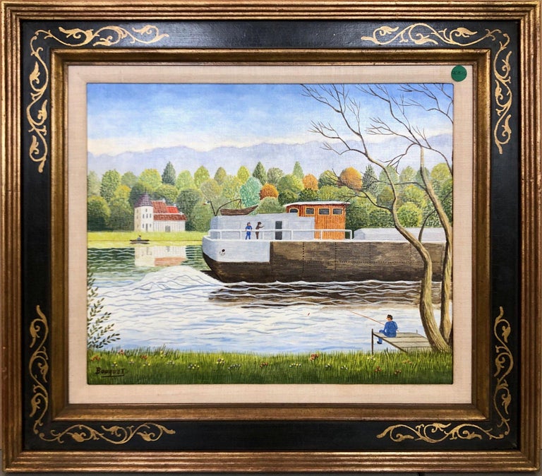 André Bouquet - La Peniche, Oil on Canvas Naive For Sale at 1stDibs
