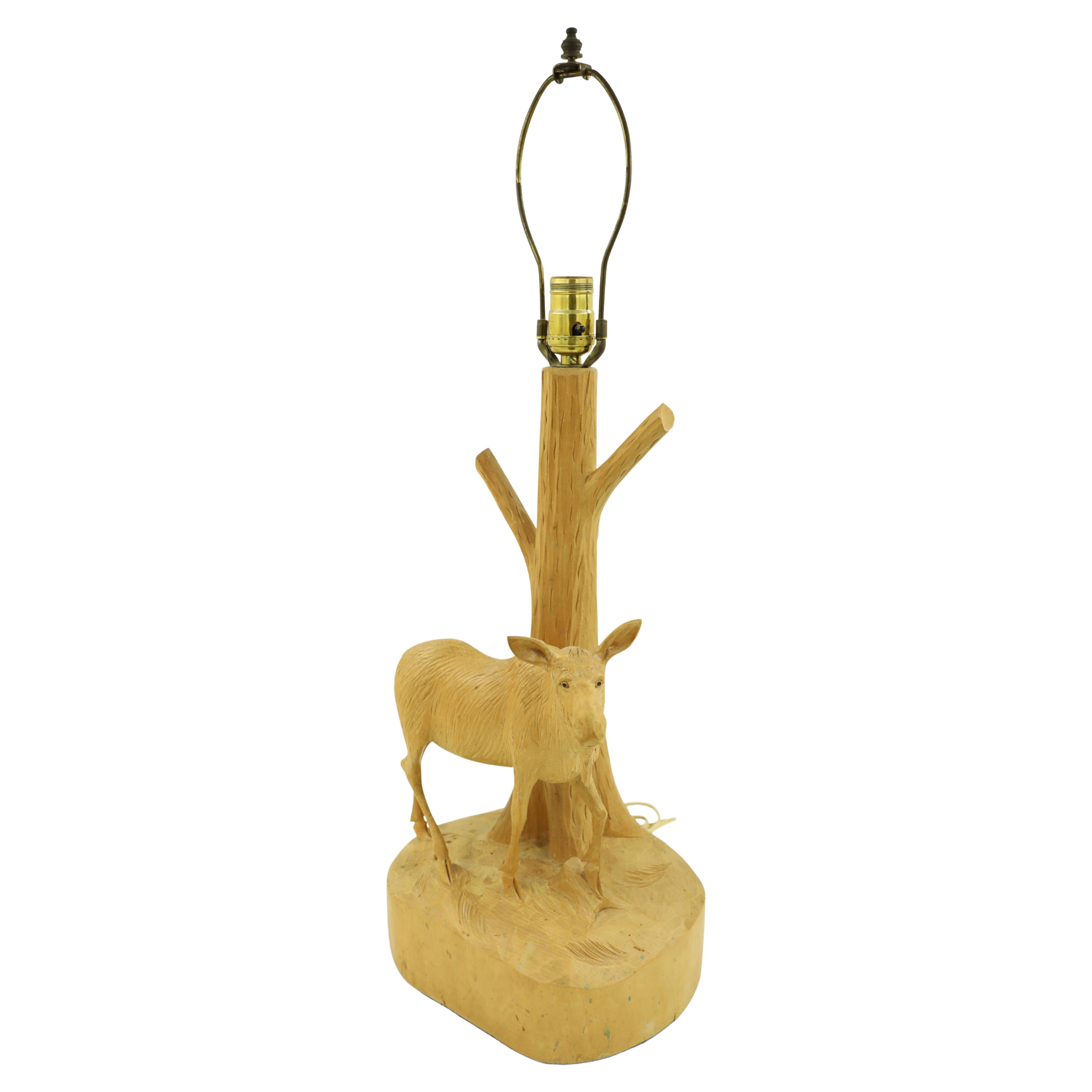 20th c. Rustic Maple Moose Form Table Lamp For Sale at 1stDibs