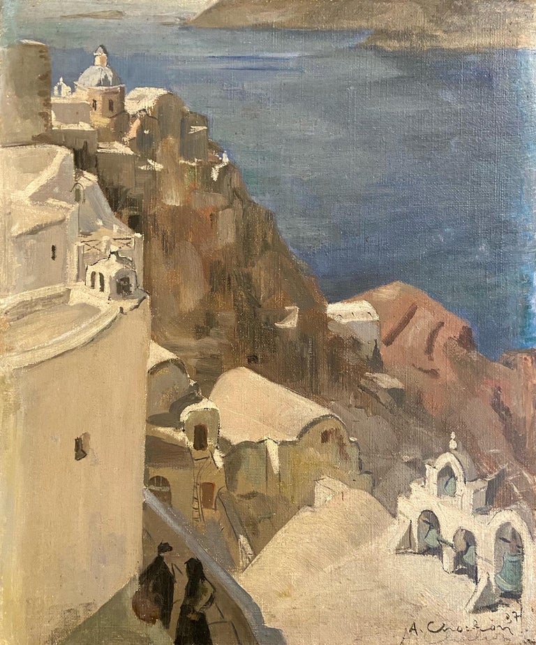 Andre Eugene Louis Chochon - Un village côtier grec, paysage à l'huile ...