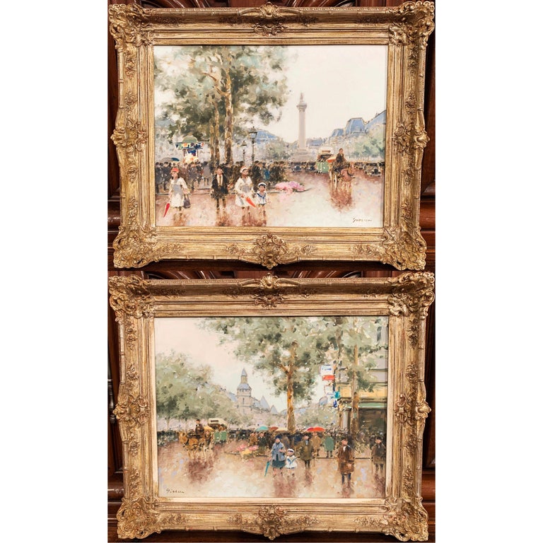 André Gisson - Pair of Oil on Canvas Paris Scenes Paintings in Carved ...