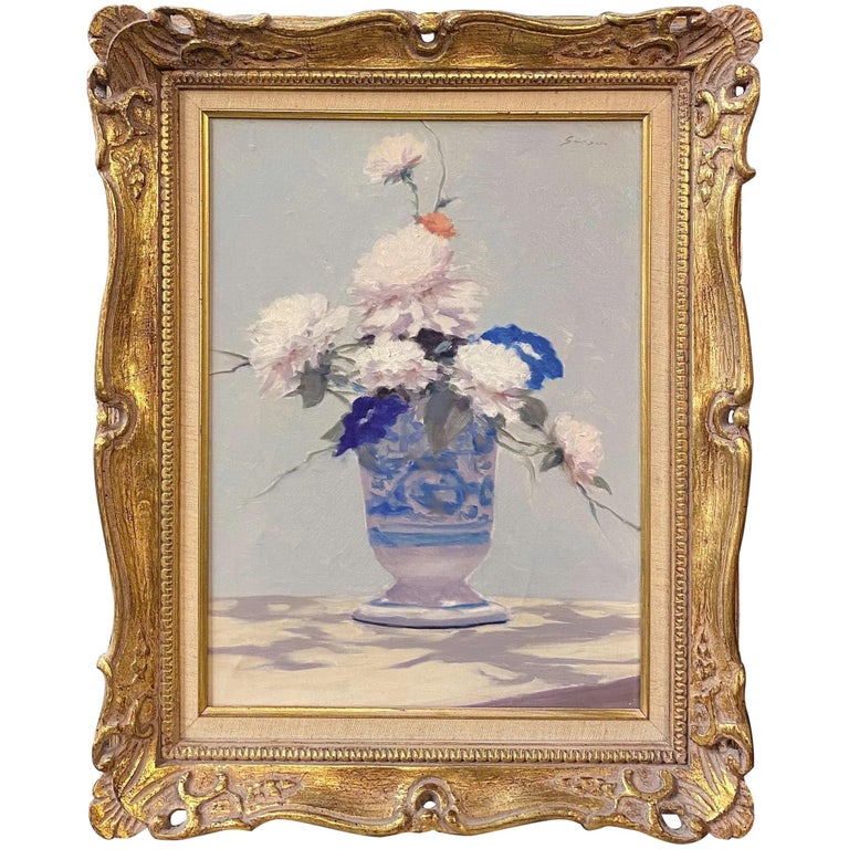 André Gisson – Stillleben in blauer und weißer Vase im Angebot bei 1stDibs