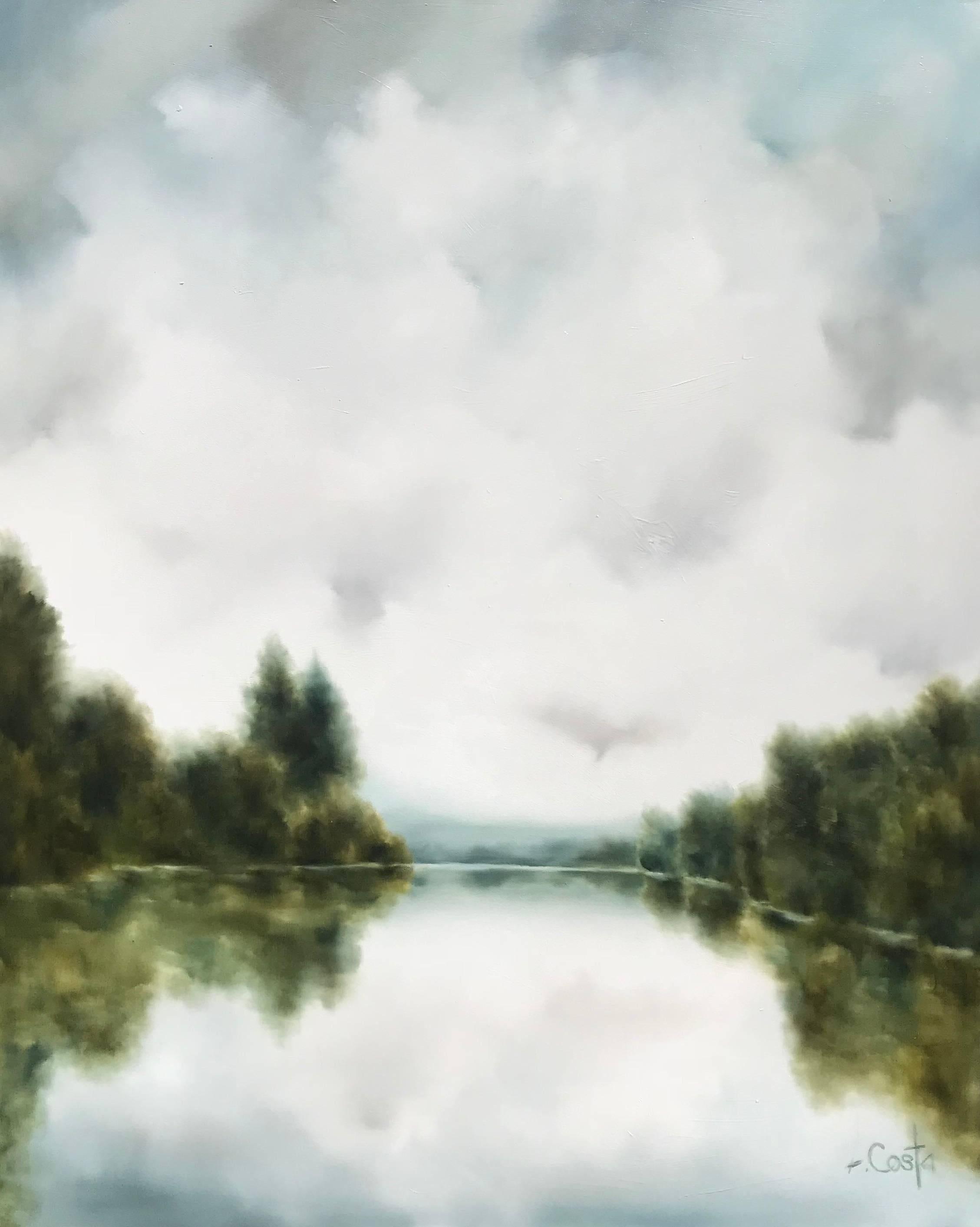 Andrea Costa - Shhh, Large Vertical Impressionist Landscape Lake ...