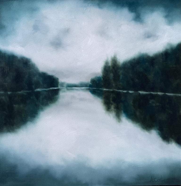Andrea Costa - Teal Lake by Andrea Costa, Large Impressionist Landscape ...